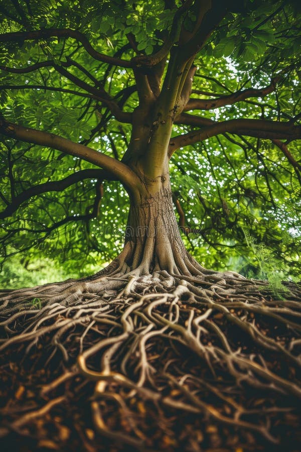 A Big Green Old Tree with Wriggling Roots Stock Photo - Image of summer ...