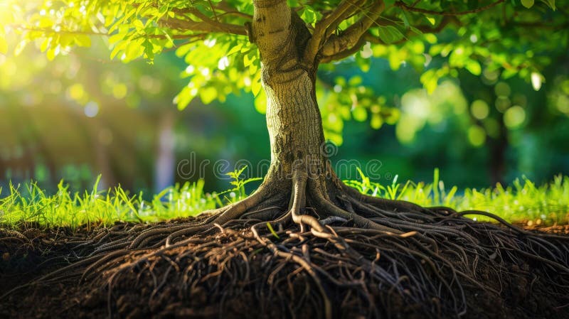 A Big Green Old Tree with Wriggling Roots Stock Photo - Image of ...