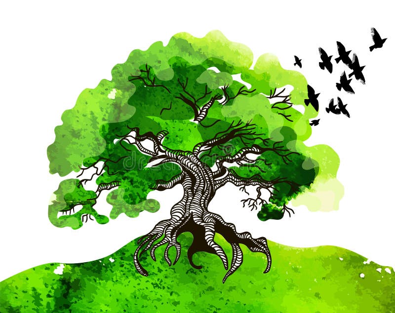 Big Green Tree with Birds. Nature Hand Drawing Stock Vector ...
