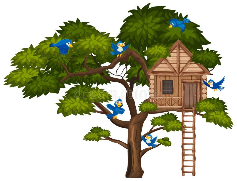 Big Green Tree and Many Blue Birds Flying Over the Treehouse Stock ...