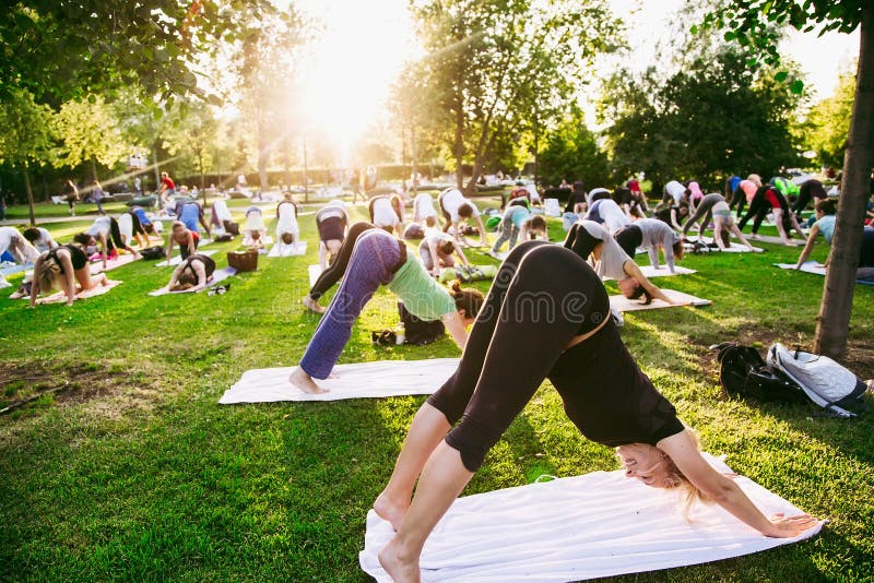 Big Group of Adults Attending a Yoga Class Outside in Park Stock Image ...
