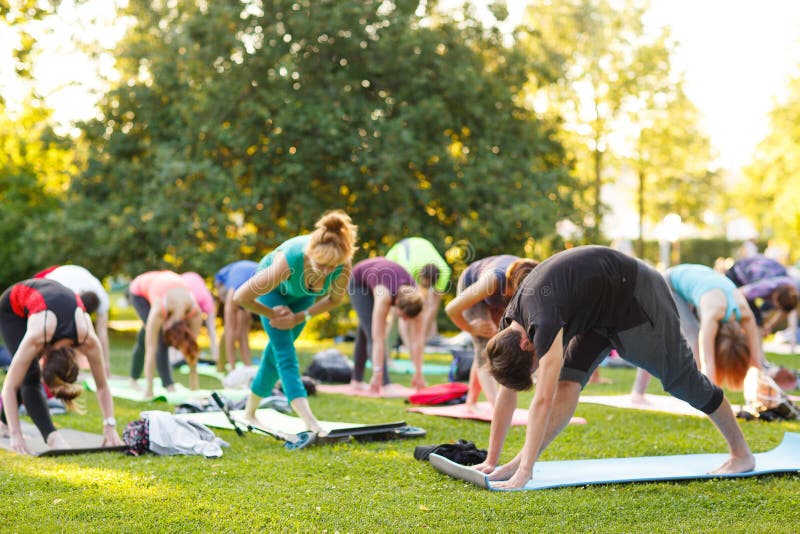 Big Group of Adults Attending a Yoga Class Outside in Park Stock Image ...
