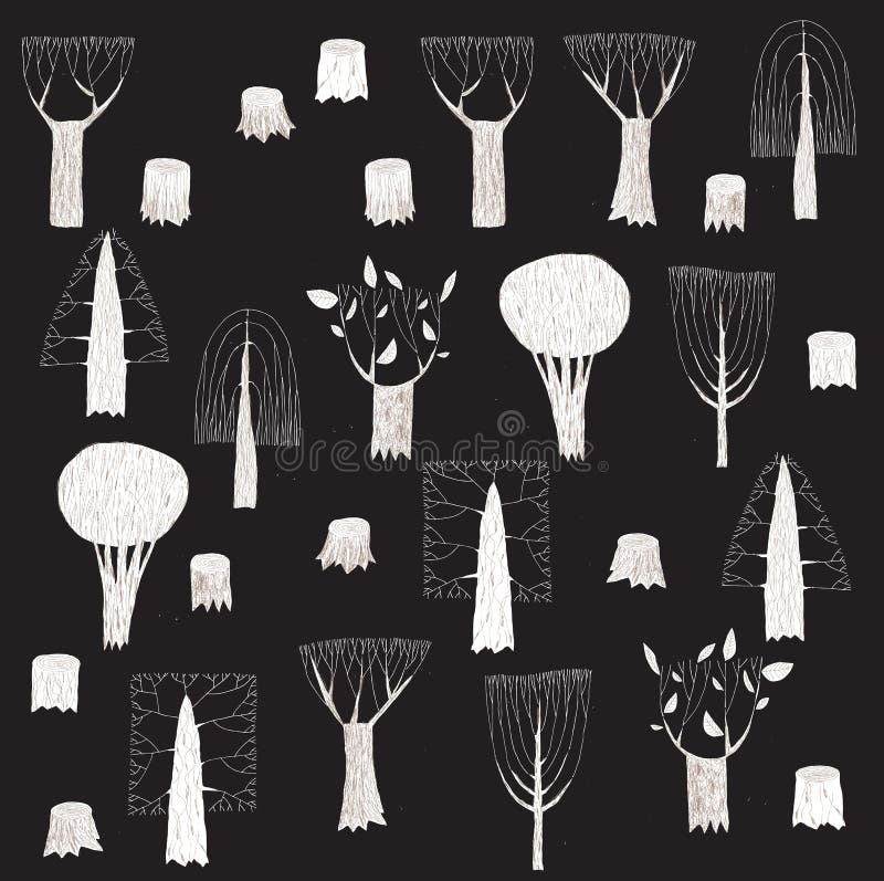 Grunge Trees Collection in Pop-art Colors, with Outlines and Scribbles ...