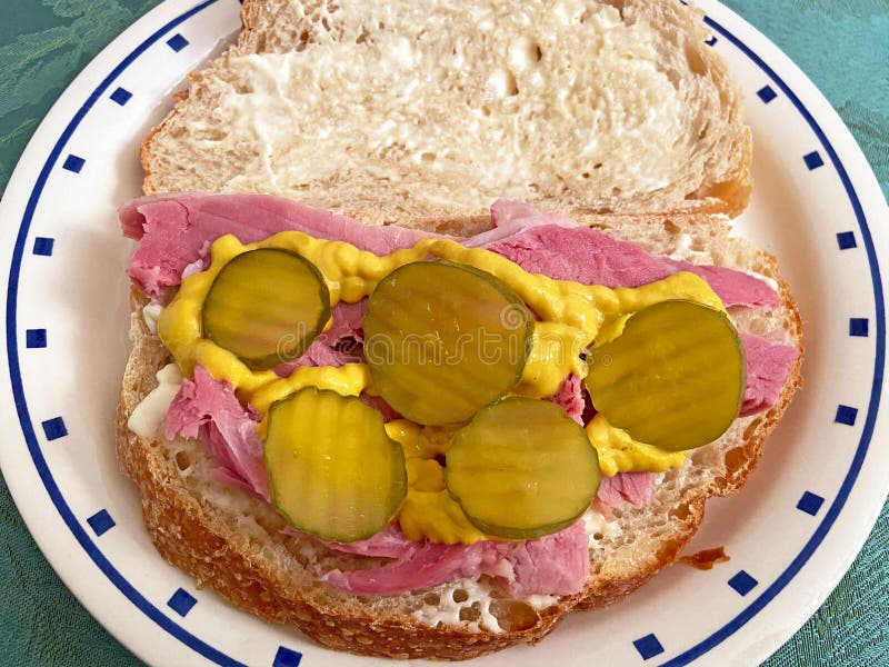 Big Ham Sandwich for Dinner Stock Photo - Image of mustard, plate ...