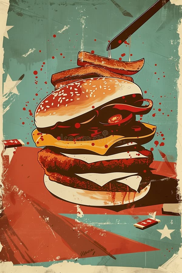Big Hamburger on Old Paper Texture. Fast Food Menu Vector Cover Design ...