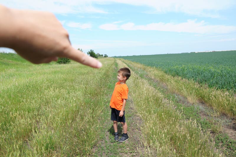 Big Hand of God Point Little Tiny Boy in Field Stock Image - Image of ...