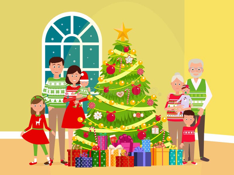 Big Happy Family at a Christmas Tree. Stock Illustration - Illustration ...