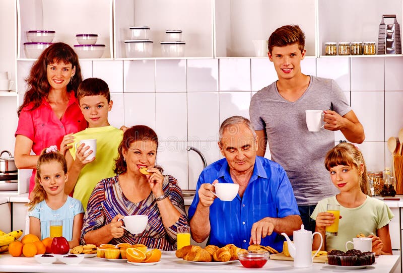 Big Happy Family Have Breakfast Stock Photo - Image of fruit, male ...