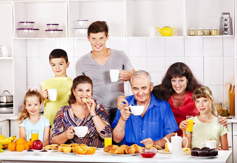 Big Happy Family Have Breakfast. Stock Photo - Image of mealtime ...