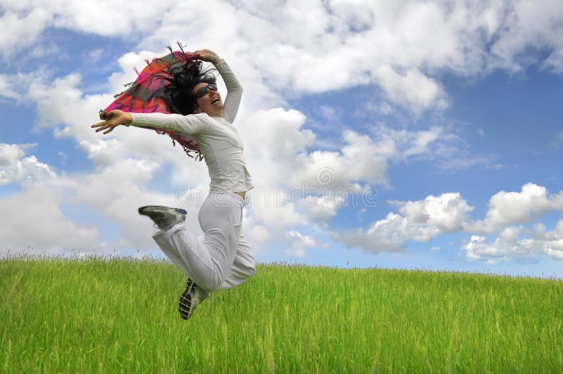 Big happy jump stock photo. Image of summer, woman, scarf - 13859810