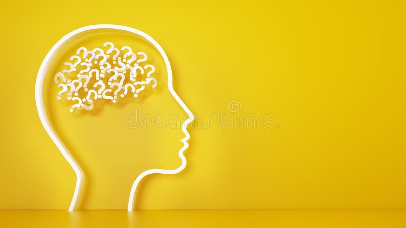 Big Head with Question Marks Inside Brain on a Yellow Background. 3D ...