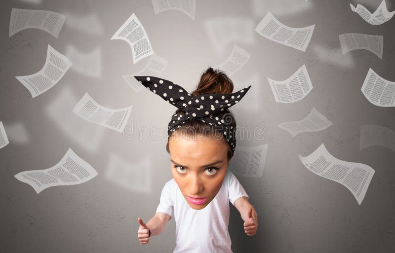 Big Head on Small Body with Flying Documents Stock Image - Image of ...