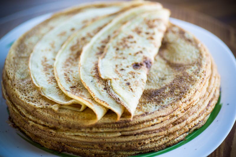Big High Stack of Thin Pancakes in a Plate Stock Image - Image of ...