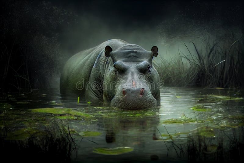 Big Hippo in the Swamp. AI Generated Stock Illustration - Illustration ...