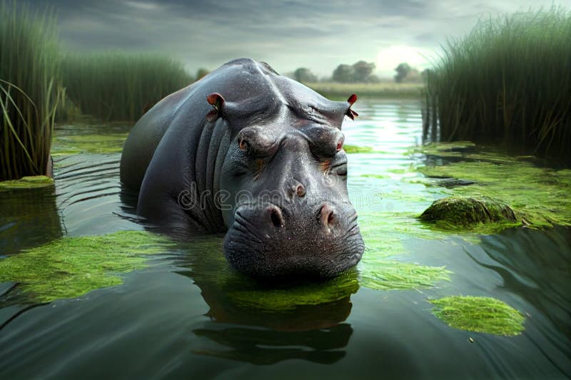 Big Hippo in the Swamp. AI Generated Stock Illustration - Illustration ...