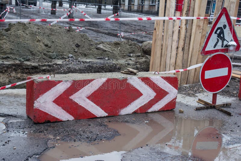 Big Hole in Road Made for Road Repairing Works with Caution Sign Stock ...