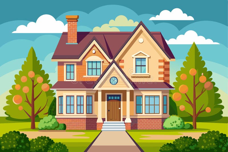 Big House Vector Illustration with a Background of a Wide Yard and Big ...
