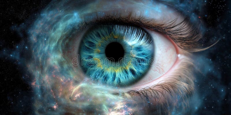Big Human Eye with Blue Iris on Background of Deep Outer Space with ...