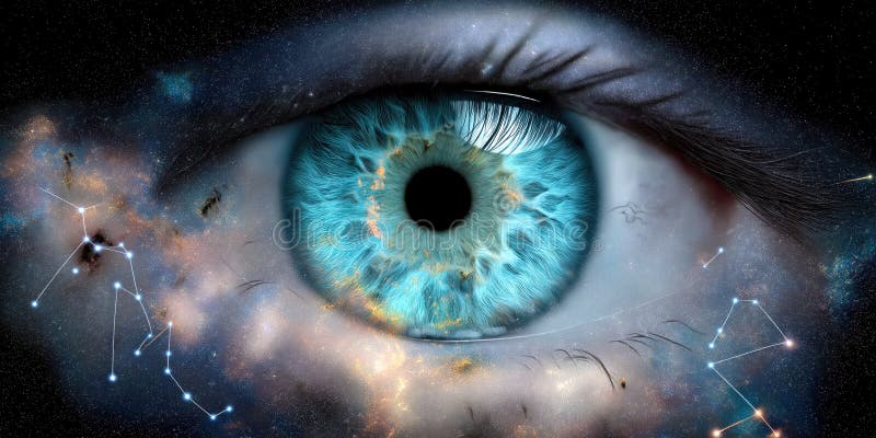 Big Human Eye with Reflection in Iris of Space with Stars and Galaxies in the Universe Stock ...