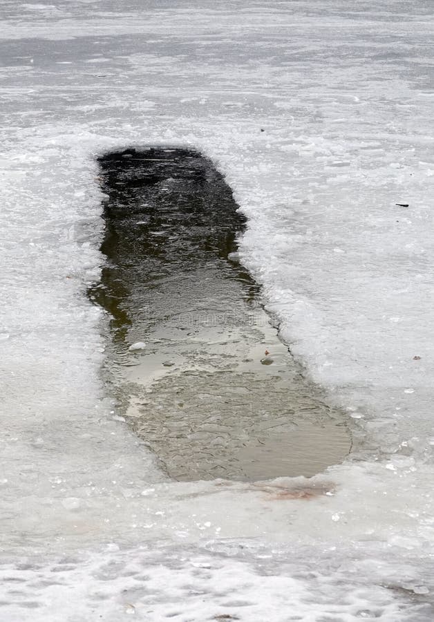 Big Ice Hole in the Lake in Winter Stock Image - Image of shore ...