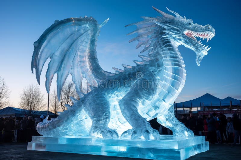 Big Ice Sculpture of Dragon Glowing in the Night Winter Park Stock ...