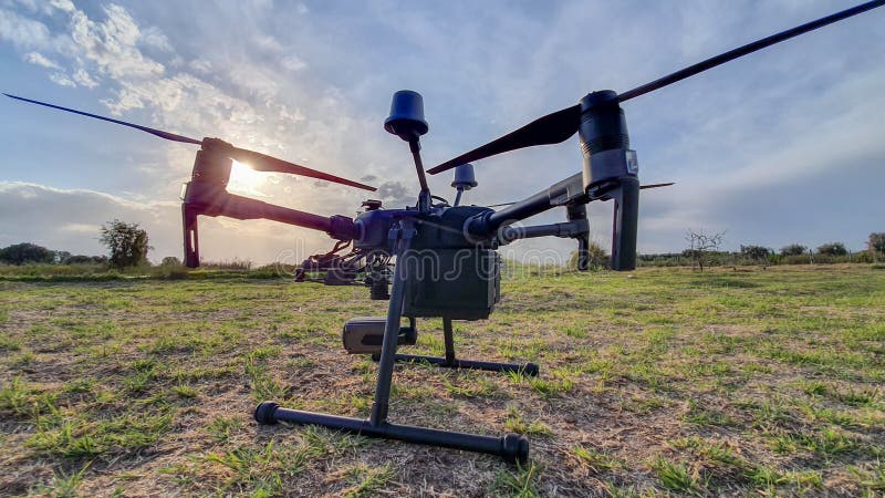 Big Industrial Drone Flying at Sunset Stock Image - Image of field ...