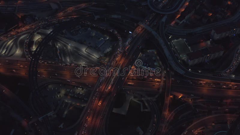 Big Interstate Freeway Connection with Traffic Jam at Night, Aerial ...