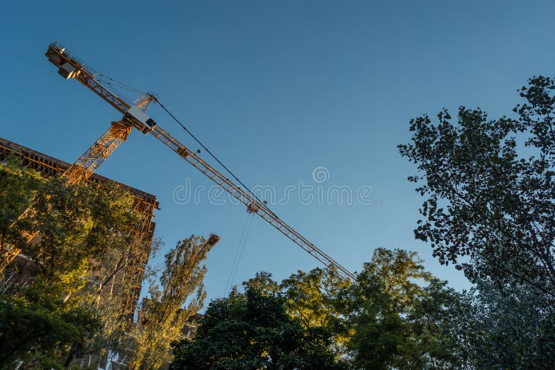 Modern Construction Crane Work on Site and Build Skyscraper in Forest ...