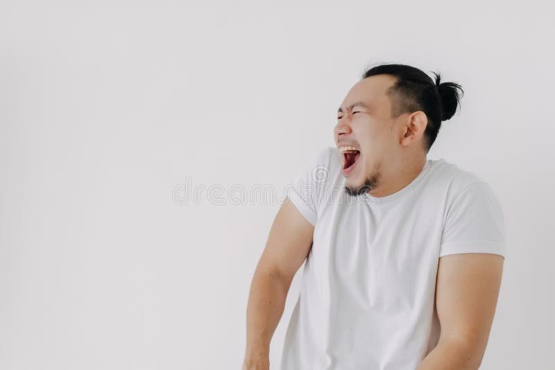 Big Laugh Funny Face Man in White T-shirt Isolate on White. Stock Photo ...