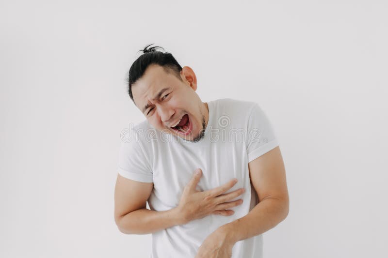 Big Laugh Funny Face Man in White T-shirt Isolate on White. Stock Photo ...