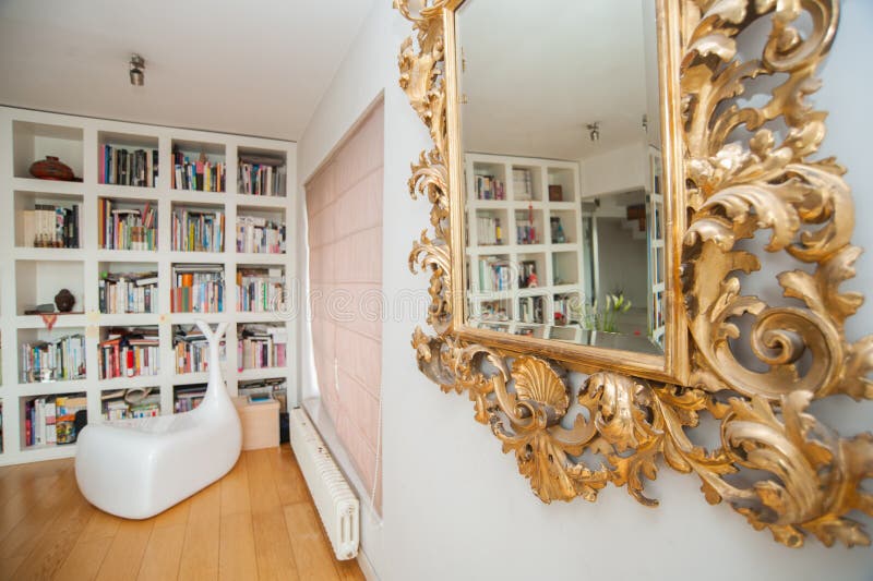 Big Library Shelves with Many Books in White Living Room Stock Image ...