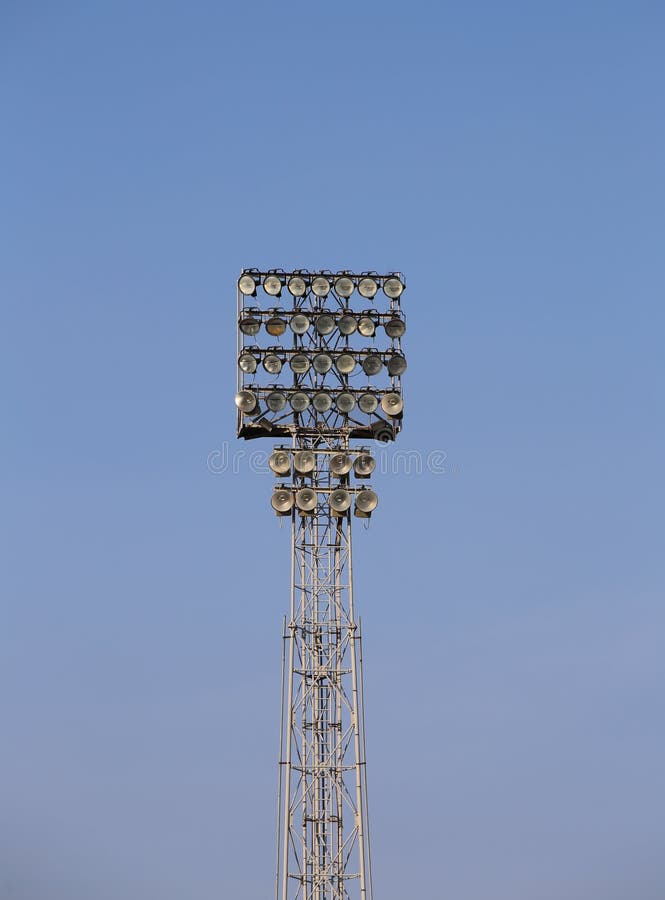 Big Light Tower of an Unlit Stadium Stock Photo - Image of tech ...