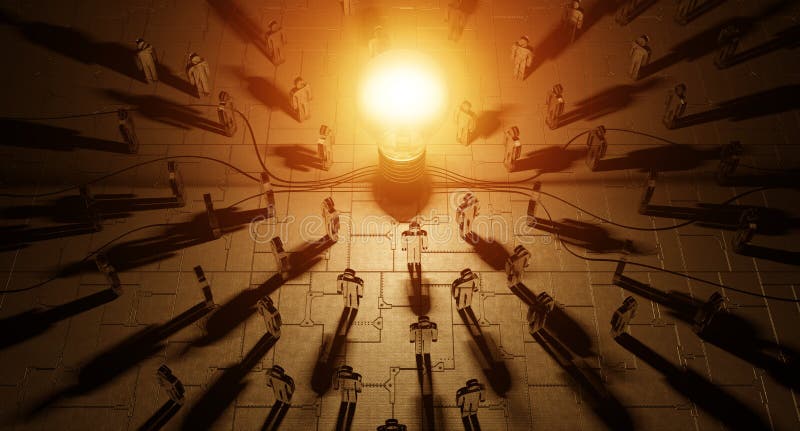Big Lightbulb Illuminating a Group of People 3D Rendering Stock ...