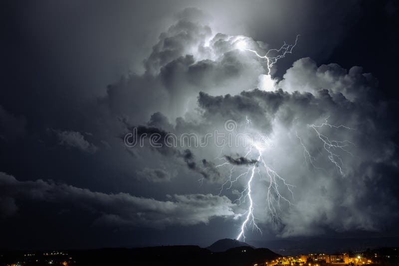 Big Lightning Strikes the Ground at Night Stock Photo - Image of ...