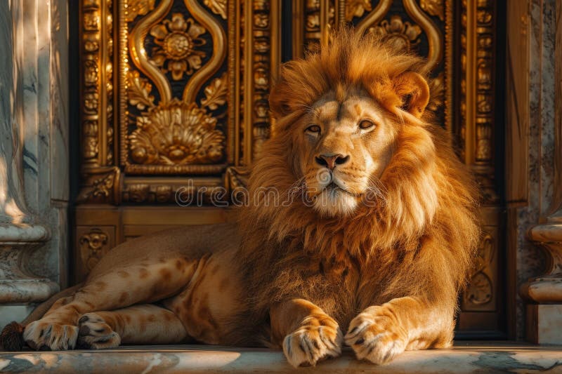A Big Lion is Sitting Guarding the Front Door of the House Stock Photo ...