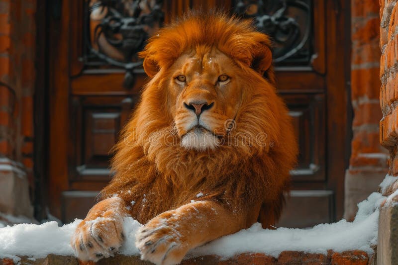 A Big Lion is Sitting Guarding the Front Door of the House Stock Image ...