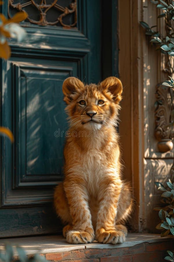 A Big Lion is Sitting Guarding the Front Door of the House Stock Photo ...