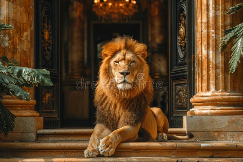 A Big Lion is Sitting Guarding the Front Door of the House Stock Image ...