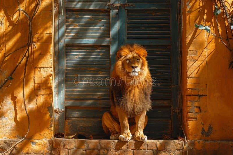A Big Lion is Sitting Guarding the Front Door of the House Stock Image ...