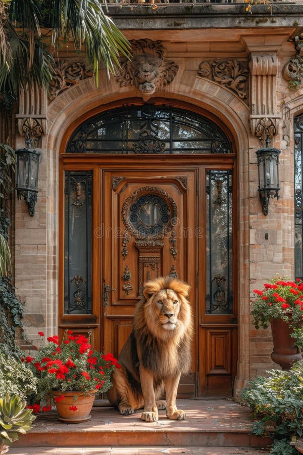 A Big Lion is Sitting Guarding the Front Door of the House Stock Photo ...