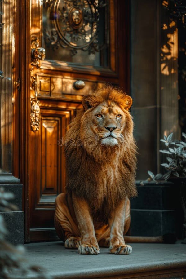 A Big Lion is Sitting Guarding the Front Door of the House Stock Image ...