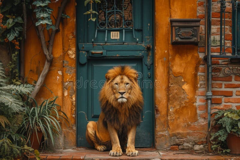 A Big Lion is Sitting Guarding the Front Door of the House Stock Photo ...