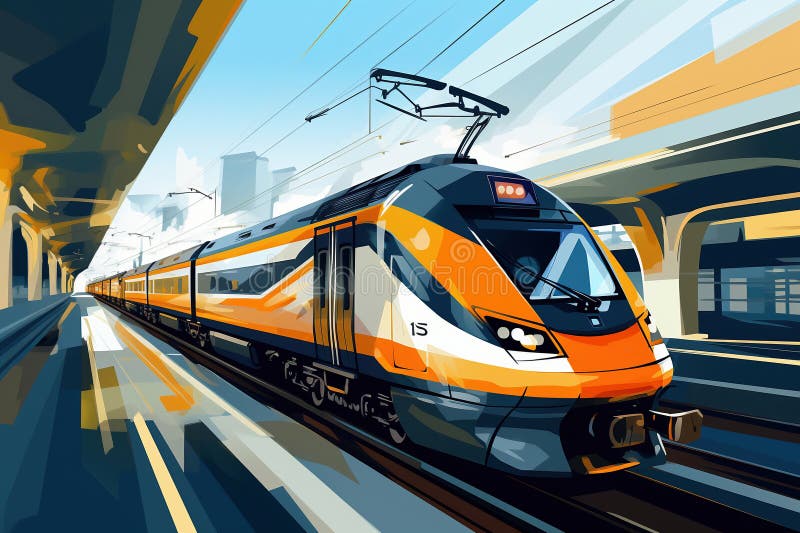 A Big Long Express Train on a Railway Platform. Boarding Platform at ...