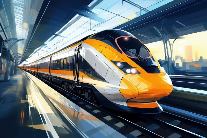 A Big Long Express Train on a Railway Platform. Boarding Platform at ...