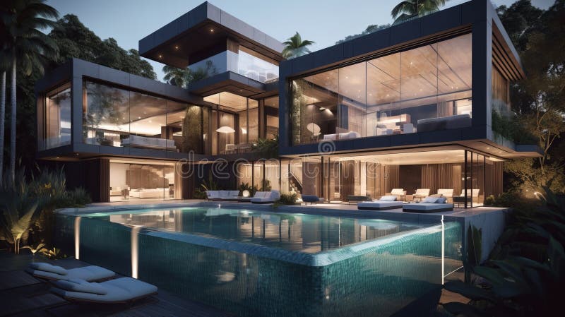 Big Luxury, Modern House at Dusk. Generative AI Stock Illustration ...
