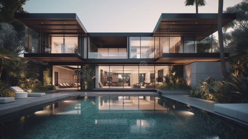 Big Luxury, Modern House at Dusk. Generative AI Stock Illustration ...