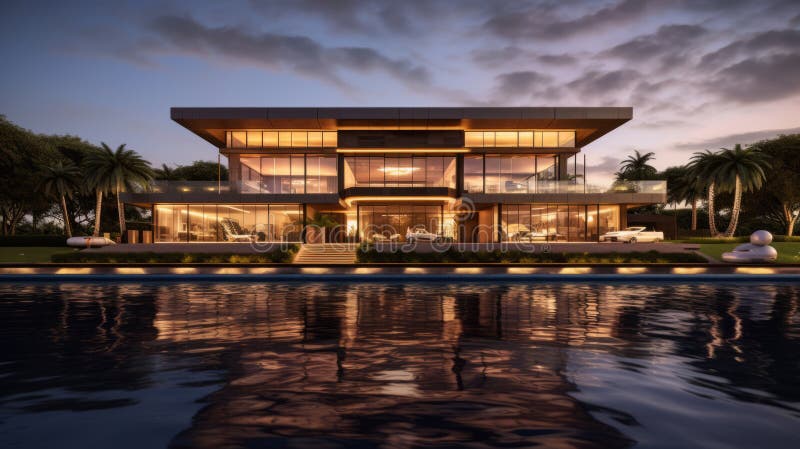 Big Luxury, Modern House at Dusk. Generative AI Stock Illustration ...