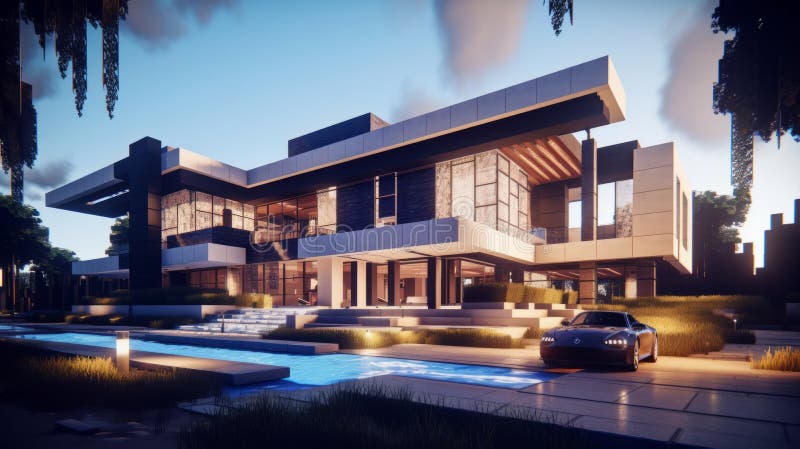 Big Luxury, Modern House at Dusk. Generative AI Stock Illustration ...