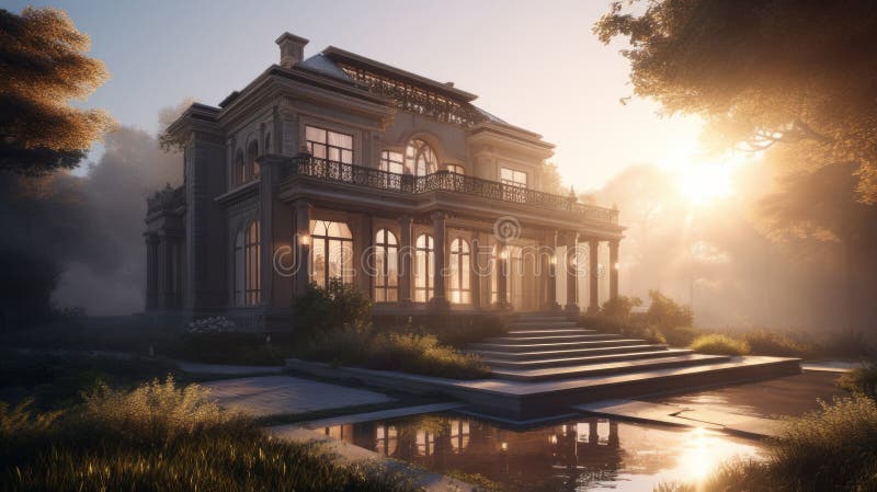 Big Luxury, Modern House at Dusk. Generative AI Stock Illustration ...