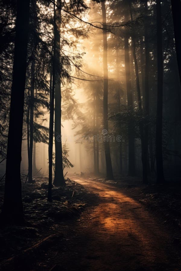 Big Magical Foggy Forest at Sunrise Stock Illustration - Illustration ...
